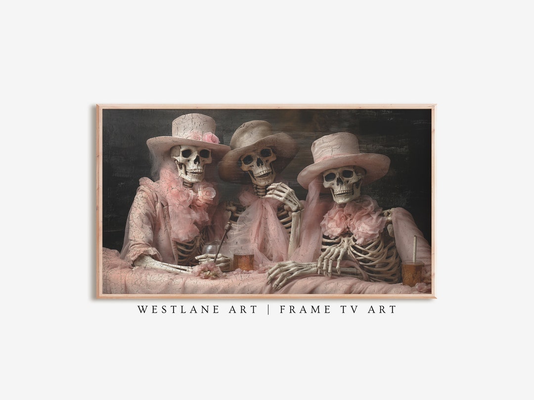Fancy Pink Skeletons Frame TV Art, Vintage Halloween Painting, Creepy ...