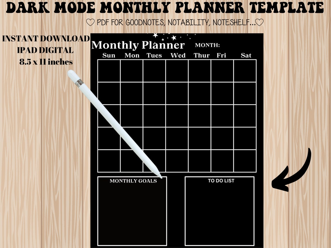 Dark Mode Monthly Planner, Digital Planner, Goodnotes Template, iPad ...