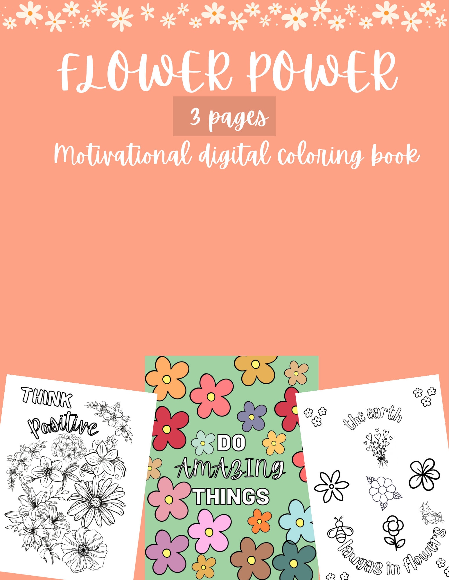 Flower Power Digital Coloring Book, Printable Coloring Pages, Procreate ...