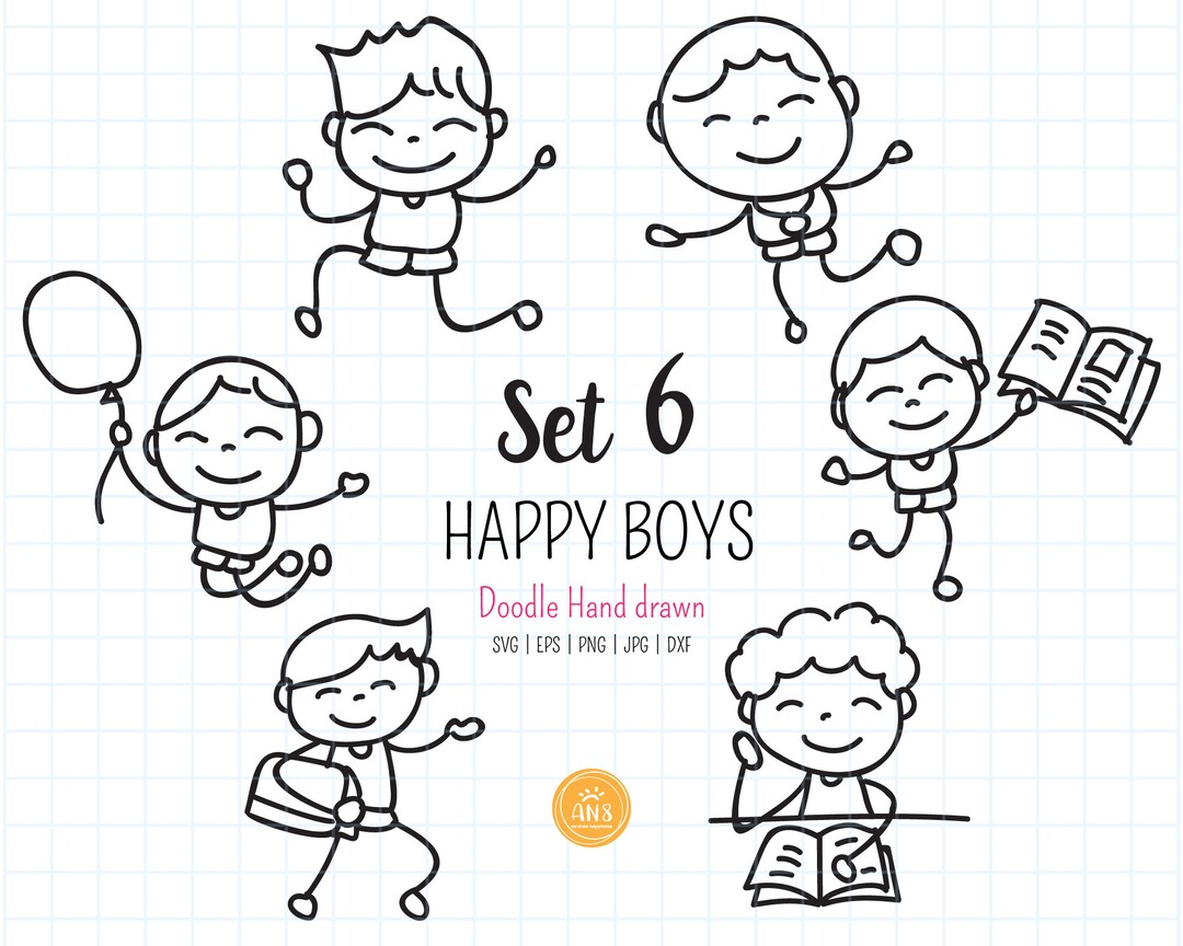 Hand Drawn Happy Boys Set 6 SVG, Dxf, Boys Doodle Clipart, Kids Digital ...