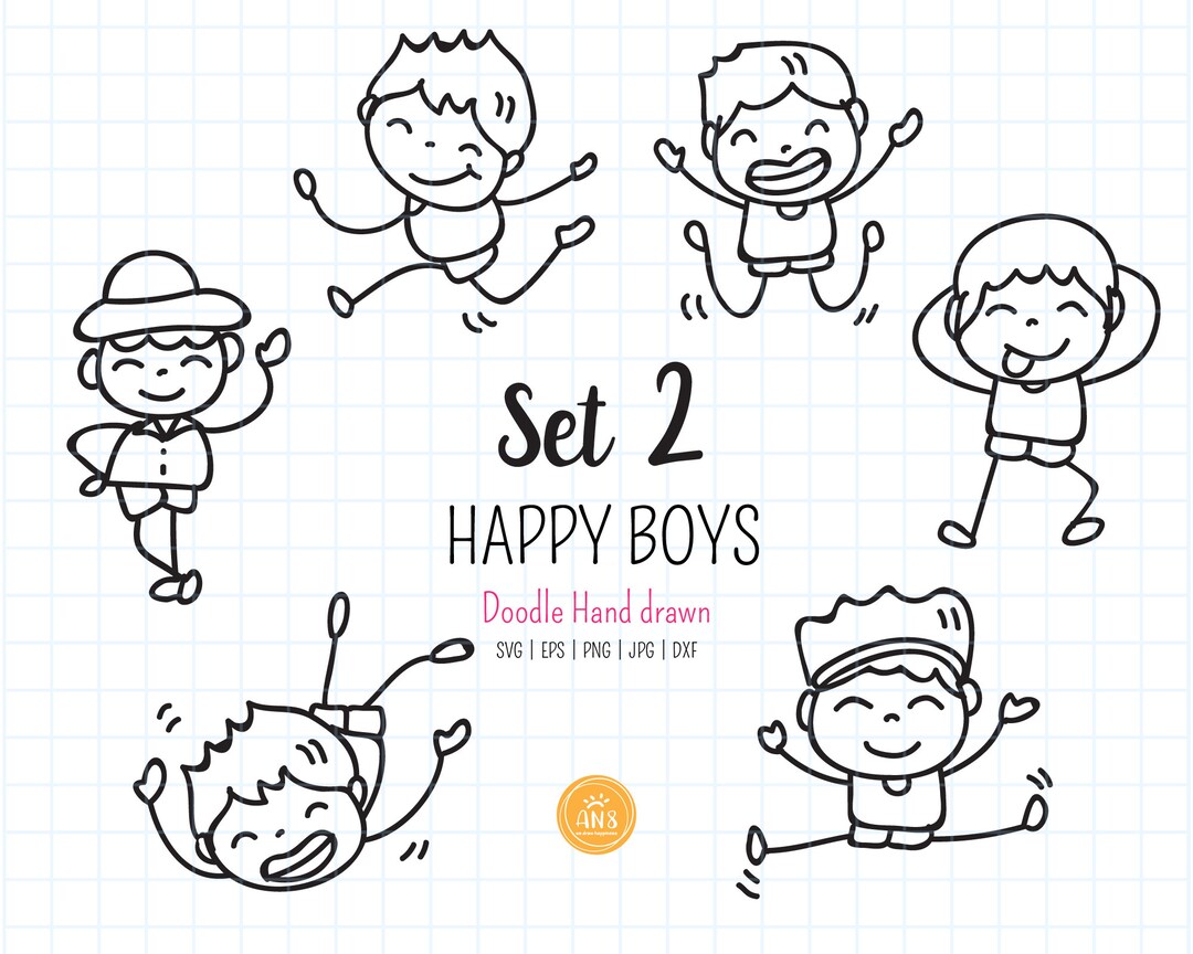 Hand Drawn Happy Boys Set 2 SVG, Dxf, Boys Doodle Clipart, Kids Digital ...