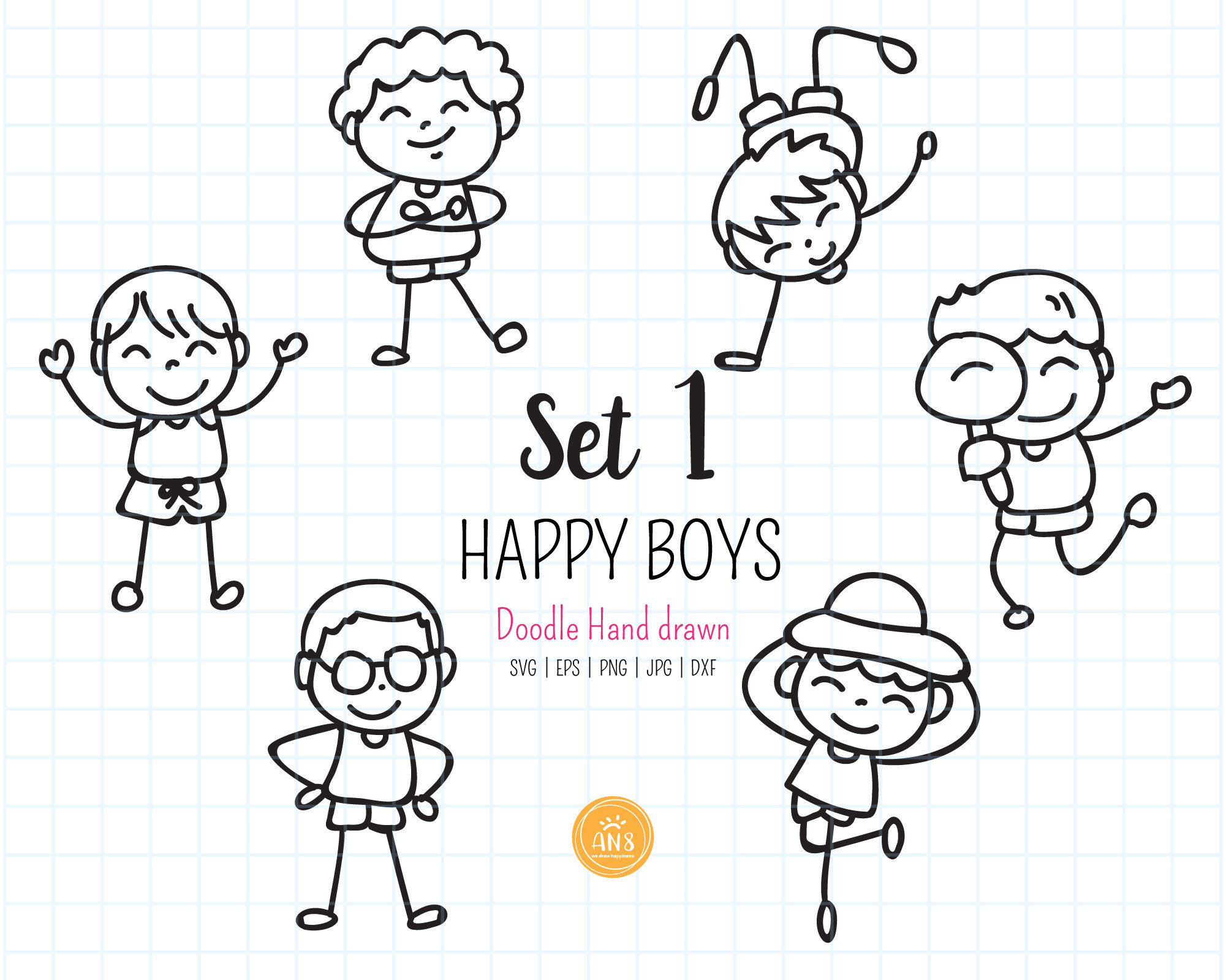 Hand Drawn Happy Boys SVG, Dxf, Boys Doodle Clipart, Happy Kids Digital ...