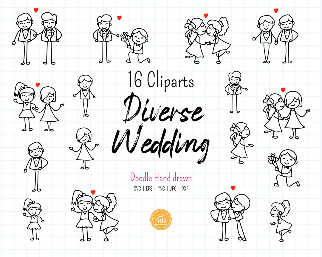 Pride SVG, Diverse Wedding Stick Figure SVG, Same-sex Marriage Clip Art ...