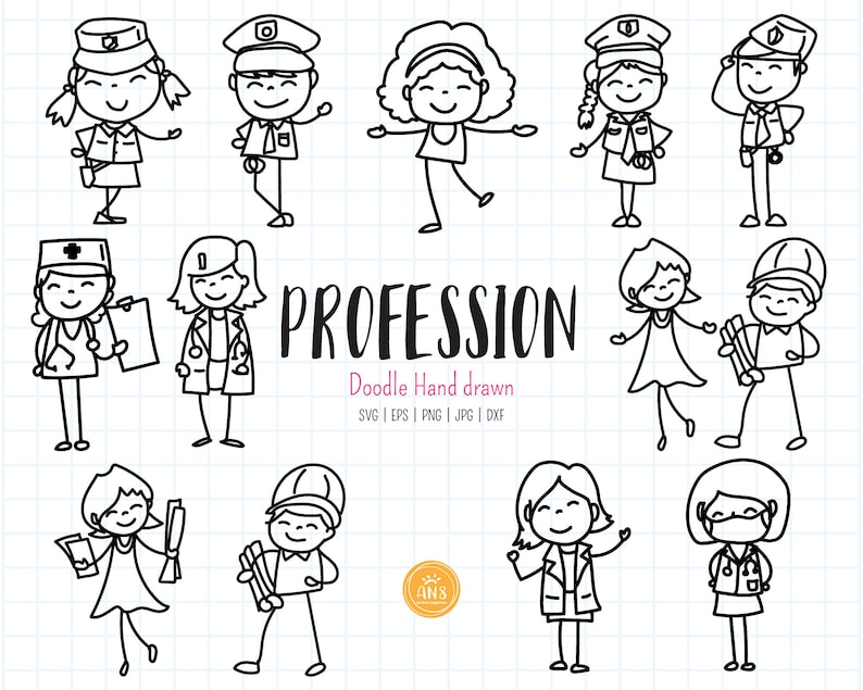 Hand Drawn Happy Profession Stick People SVG Bundle, Stick Kid SVG PNG ...