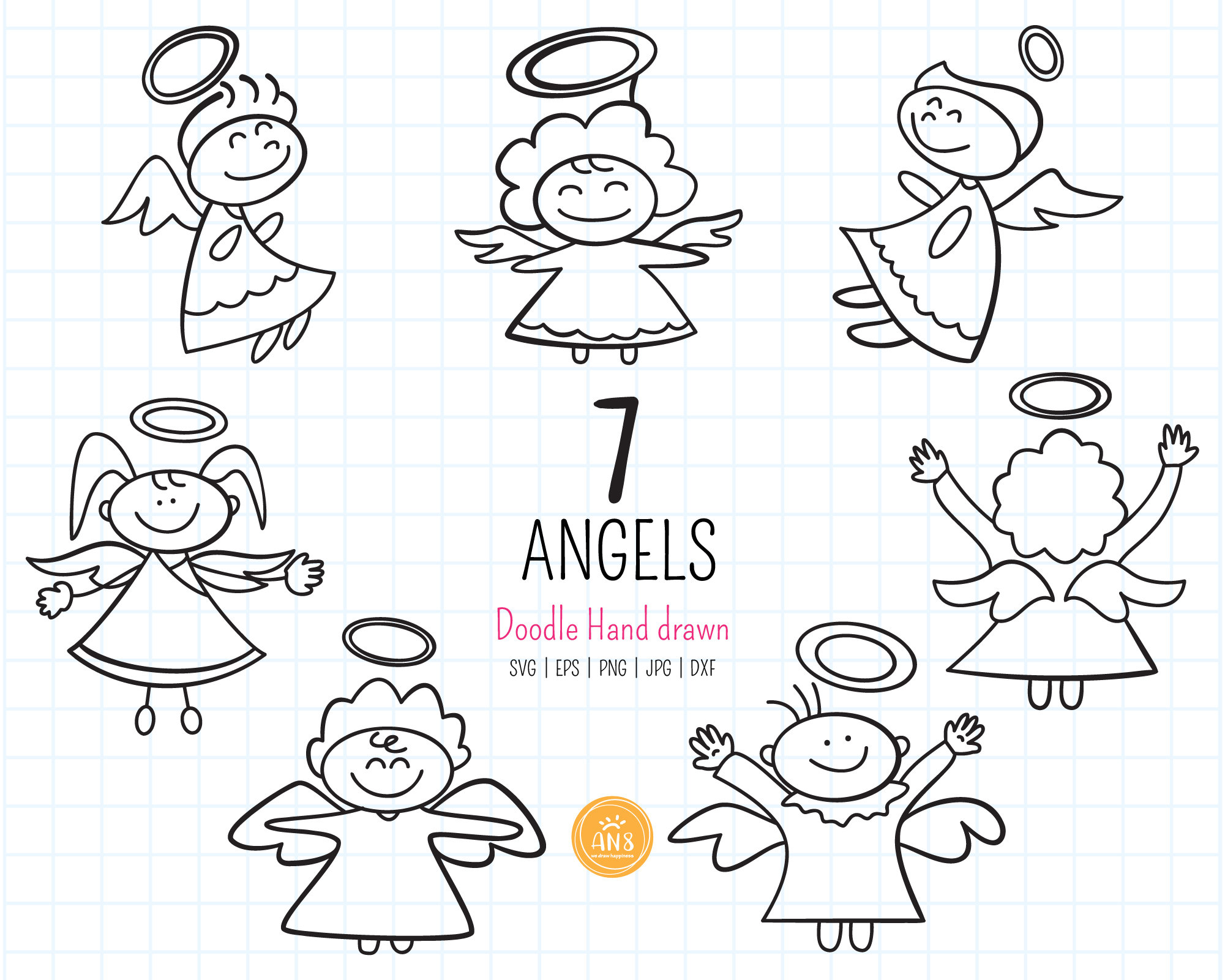 Hand Drawn Cute Angels SVG, Doodle Coloring for Kids Svg, Nursery Clip ...