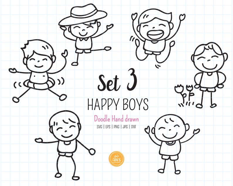 Hand Drawn Happy Boys Set 3 SVG, Dxf, Boys Doodle Clipart, Kids Digital ...