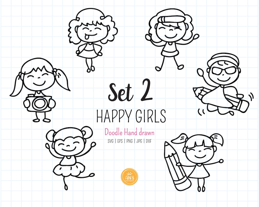 Hand Drawn Happy Girls SVG, Dxf, Girls Doodle Clipart, Happy Kids ...