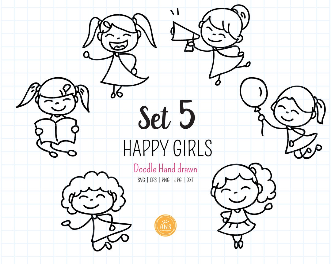 Hand Drawn Happy Girls SVG, Dxf, Girls Doodle Clipart, Happy Kids ...