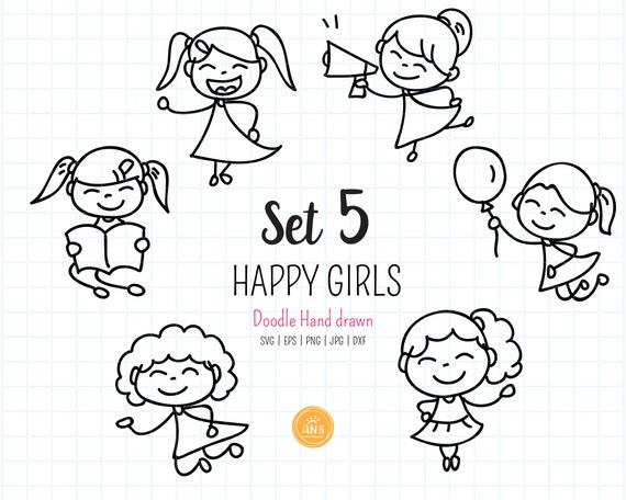 Hand Drawn Happy Girls SVG Dxf Girls Doodle Clipart Happy - Etsy