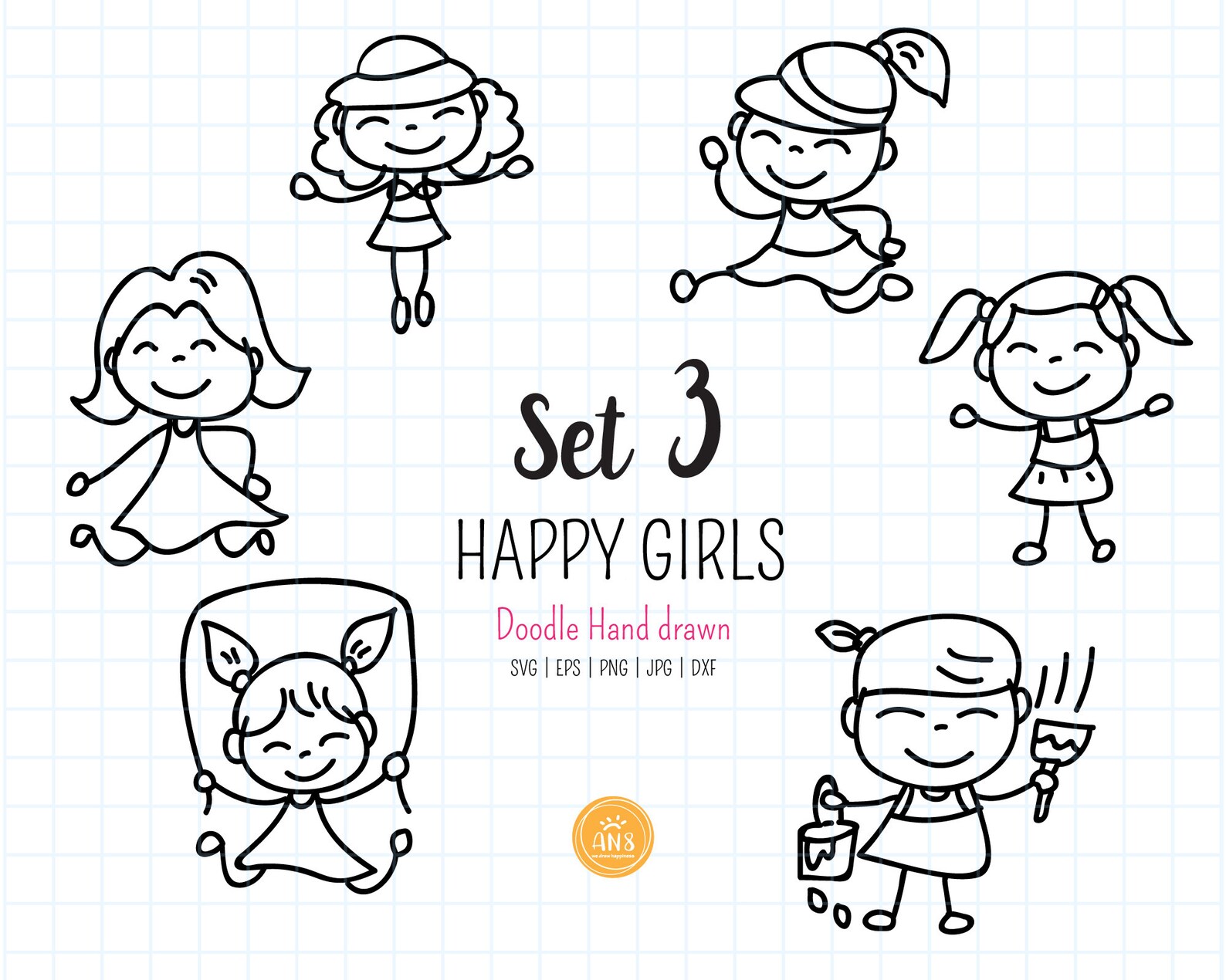 Hand Drawn Happy Girls SVG, Dxf, Girls Doodle Clipart, Happy Kids ...