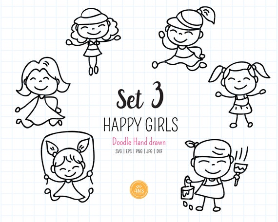 Hand Drawn Happy Girls SVG Dxf Girls Doodle Clipart Happy - Etsy