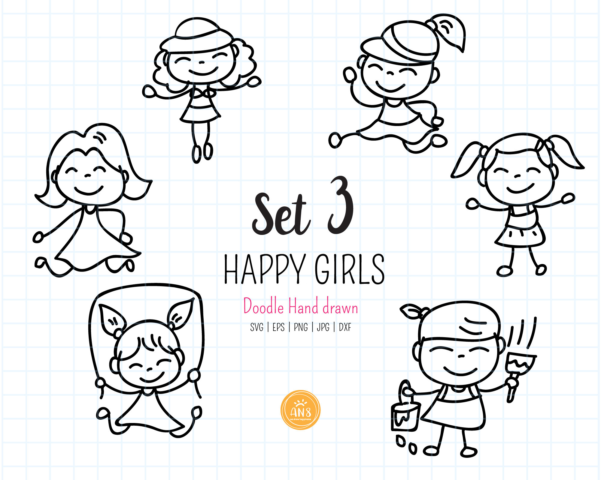 Hand Drawn Happy Girls SVG, Dxf, Girls Doodle Clipart, Happy Kids ...