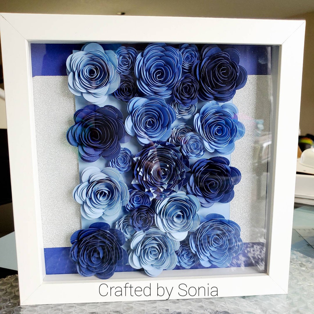 Shadow Box/ Glitter/ Blue Flowers/ Paper Flowers/ White Frame/ Fathers ...