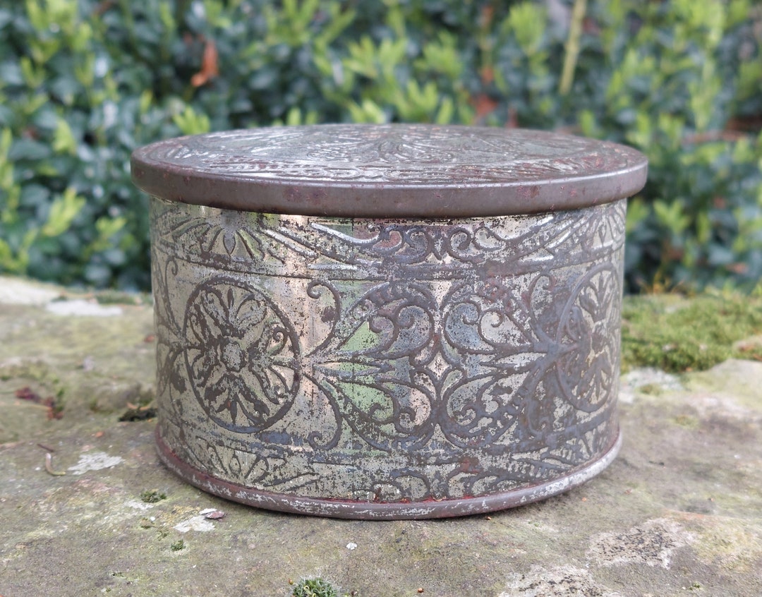 Old Cylindrical Box Made Entirely of Metal / Floral Motifs in Relief ...