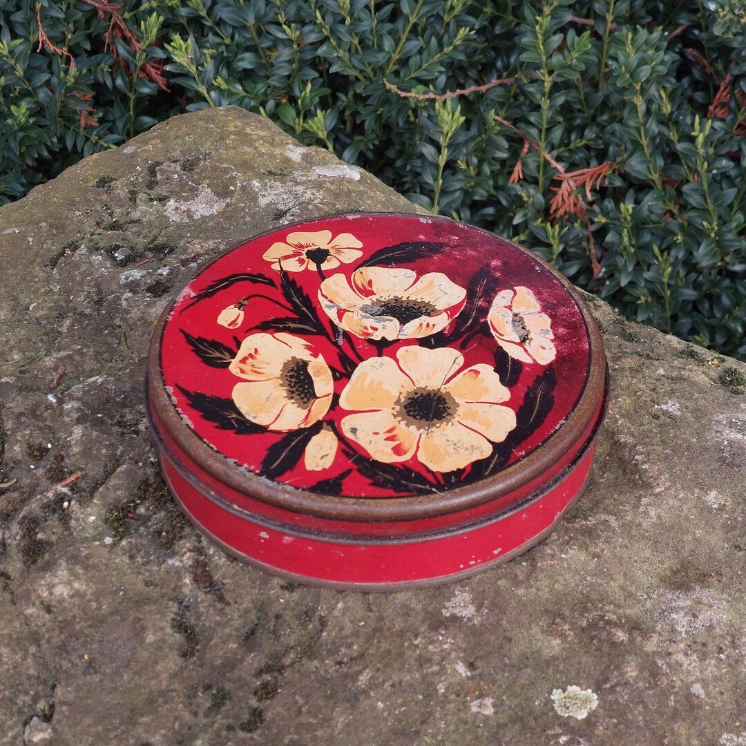 Old Lithographed Sheet Metal Box / Red Color, Yellow Flowers ...