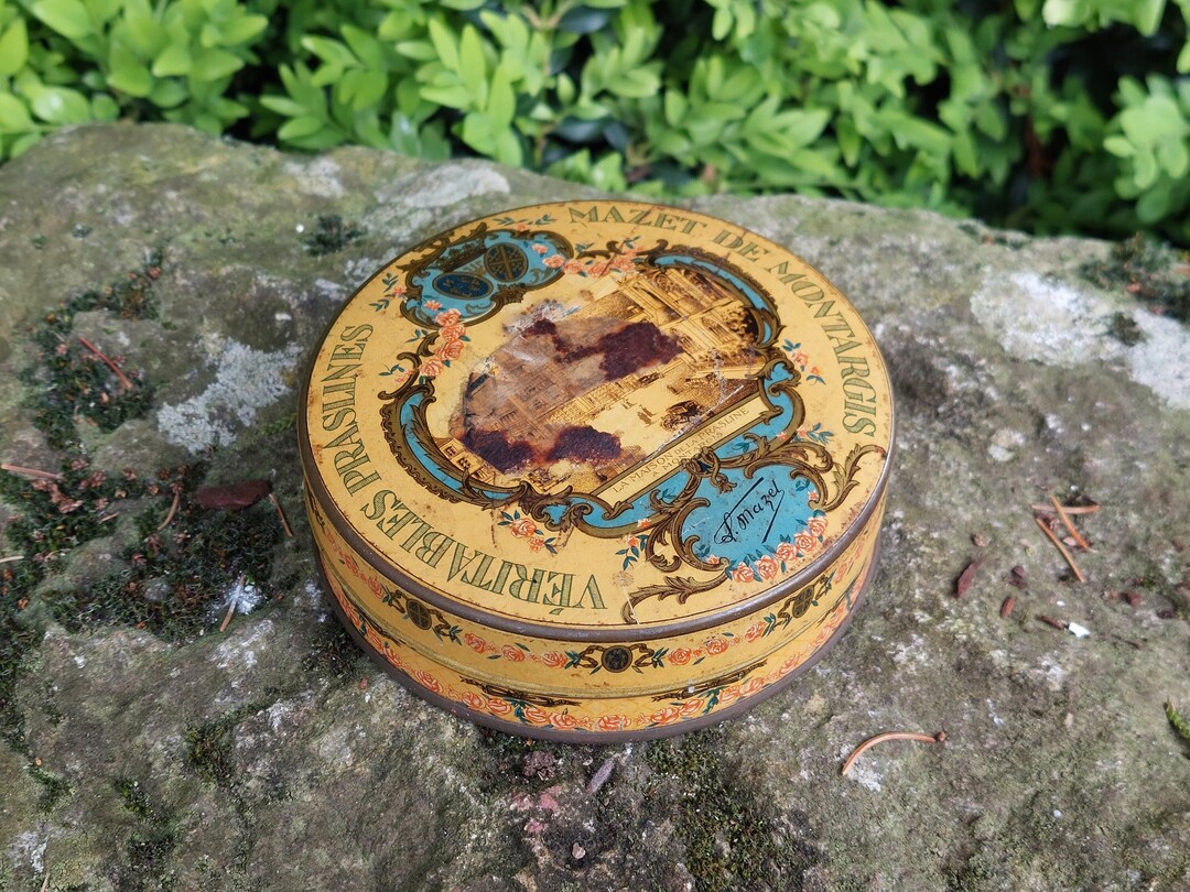 Old Cylindrical Metal Box / MAZET Praslines Candies From MONTARGIS ...