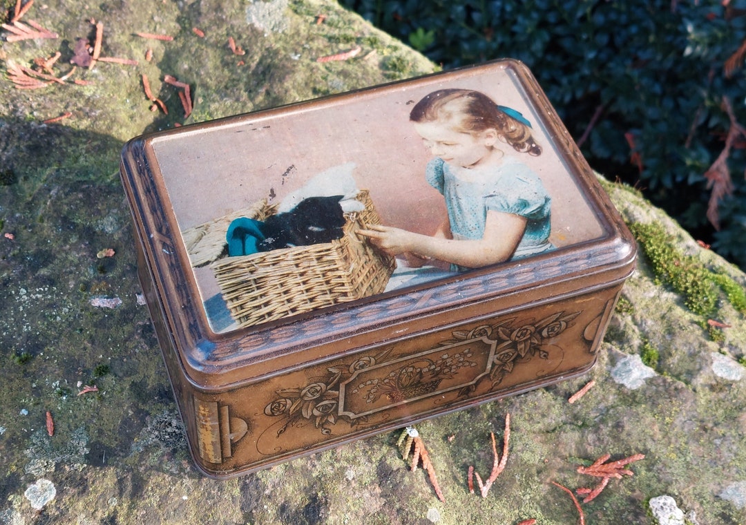 Ancienne boite en fer illustrée / Décor filette avec des chatons ...