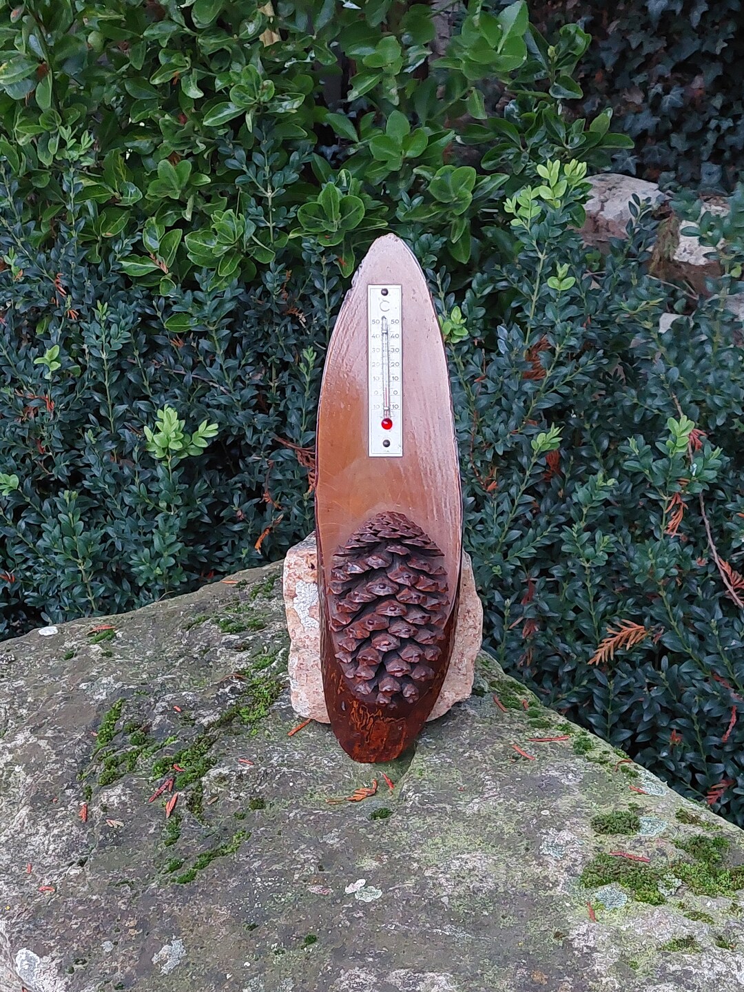 Vintage Thermometer on Wooden Base With Pine Cone / Natural Decor ...