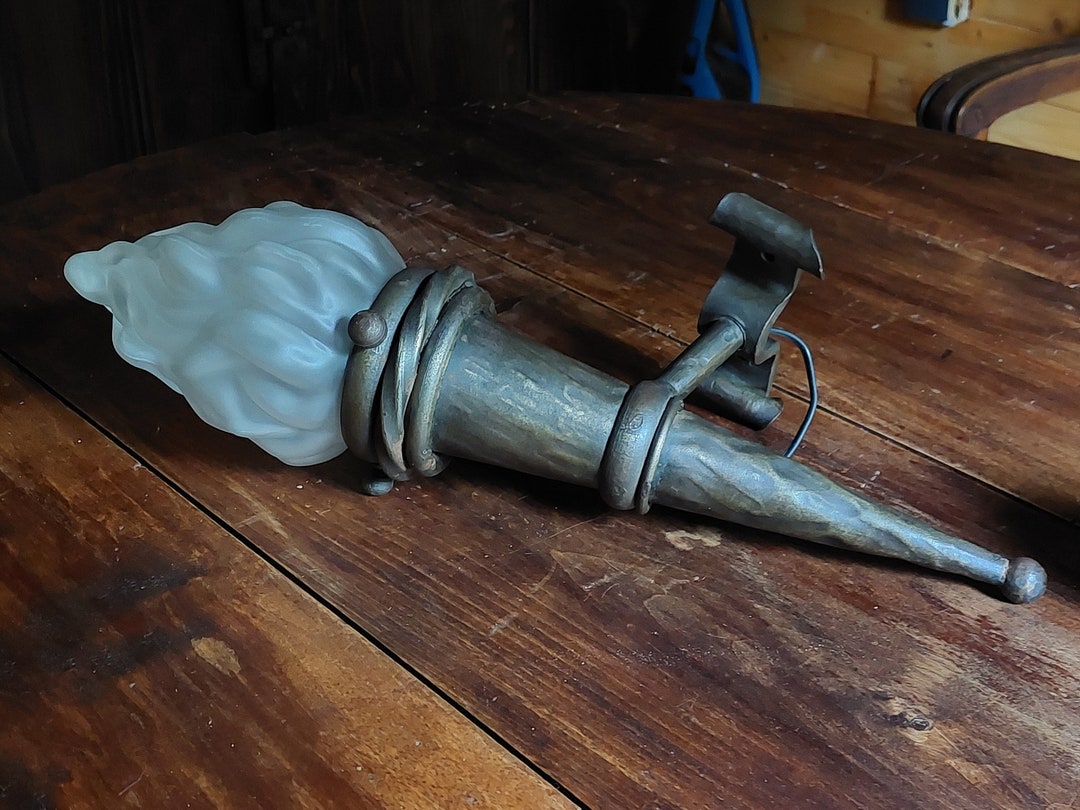 Old Torch Lamp / Wrought Iron and Frosted Glass Wall Light / Origin ...