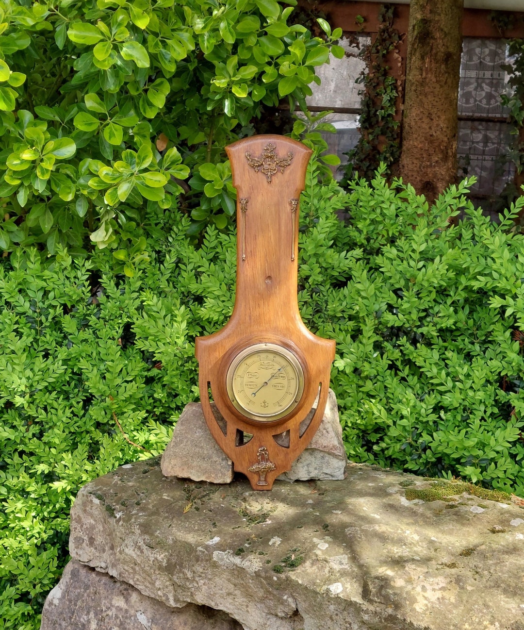 Vintage Wall Barometer on Wooden Support / Beveled Glass Window ...