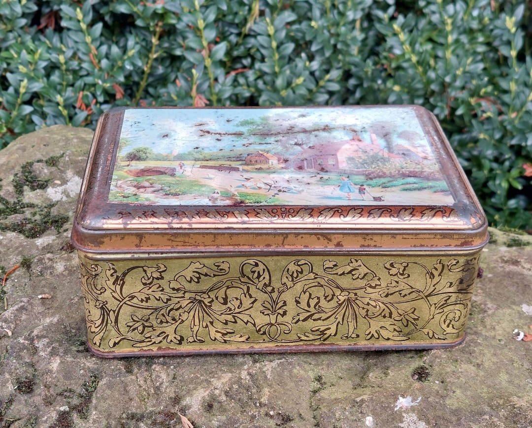 Old Lithographed Sheet Metal Box / Theme: Farm Decor, Geese, Children ...