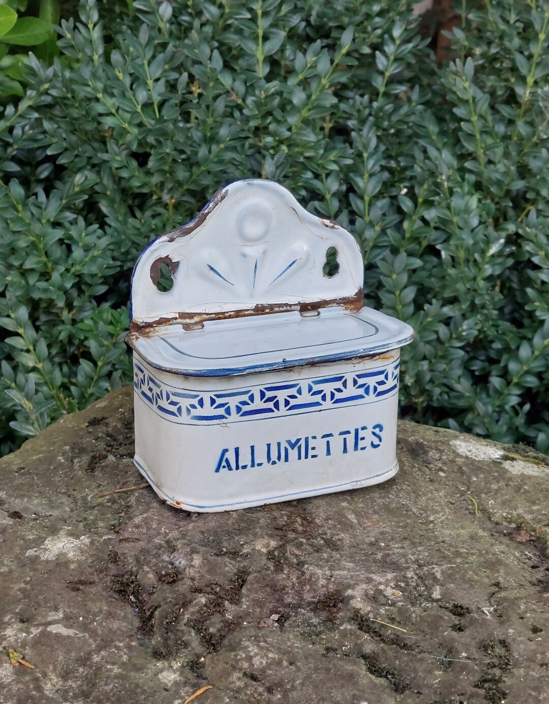 Old Match Storage Box in Blue and White Enamel / Hinged Lid / Antique ...