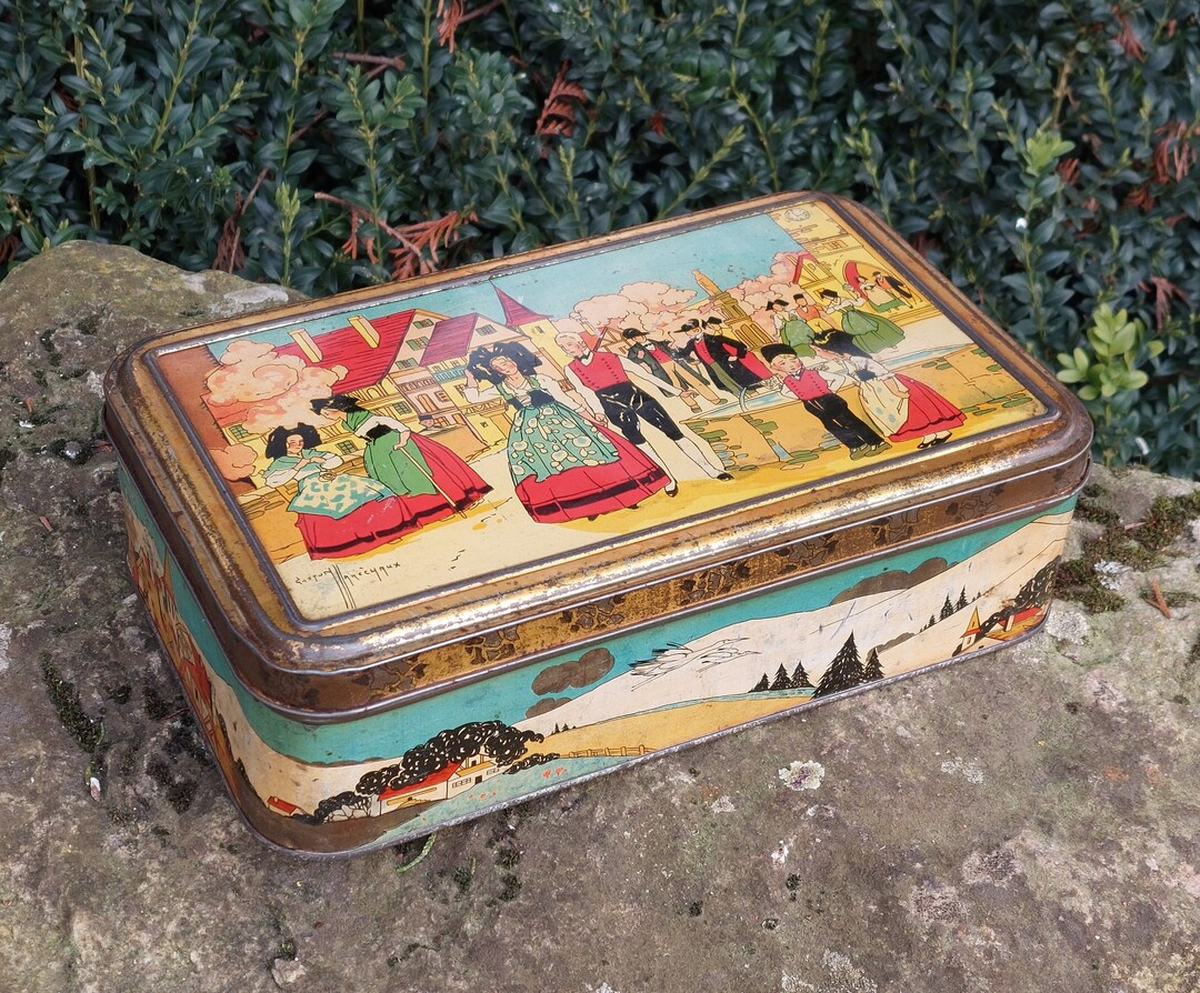 Old Lithographed Metal Box / Theme Alsace, Village, Costumes: Signed ...