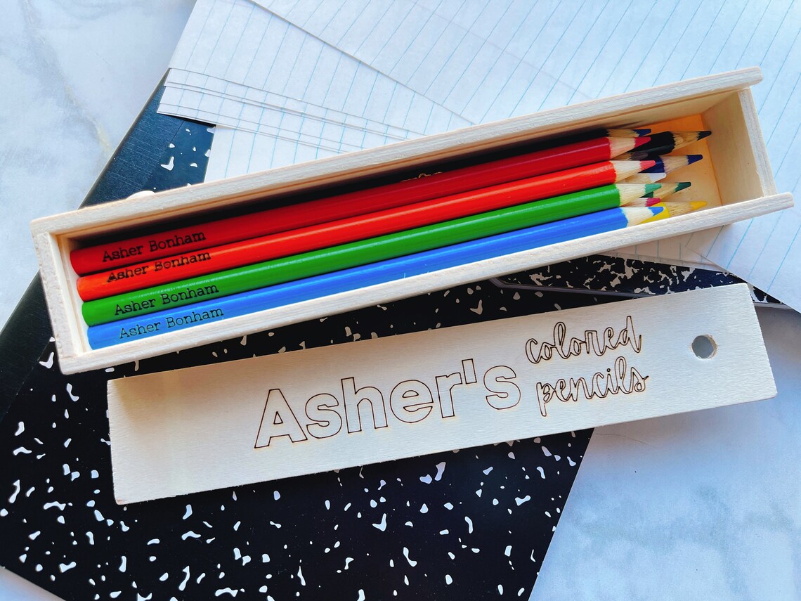 Personalized Wood Colored Pencil Box Storage Case Back to | Etsy