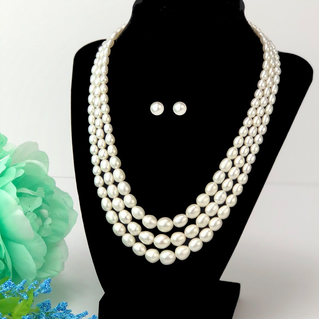 3-strand Freshwater Cultured Pearl Necklace With Pearl Earrings ...