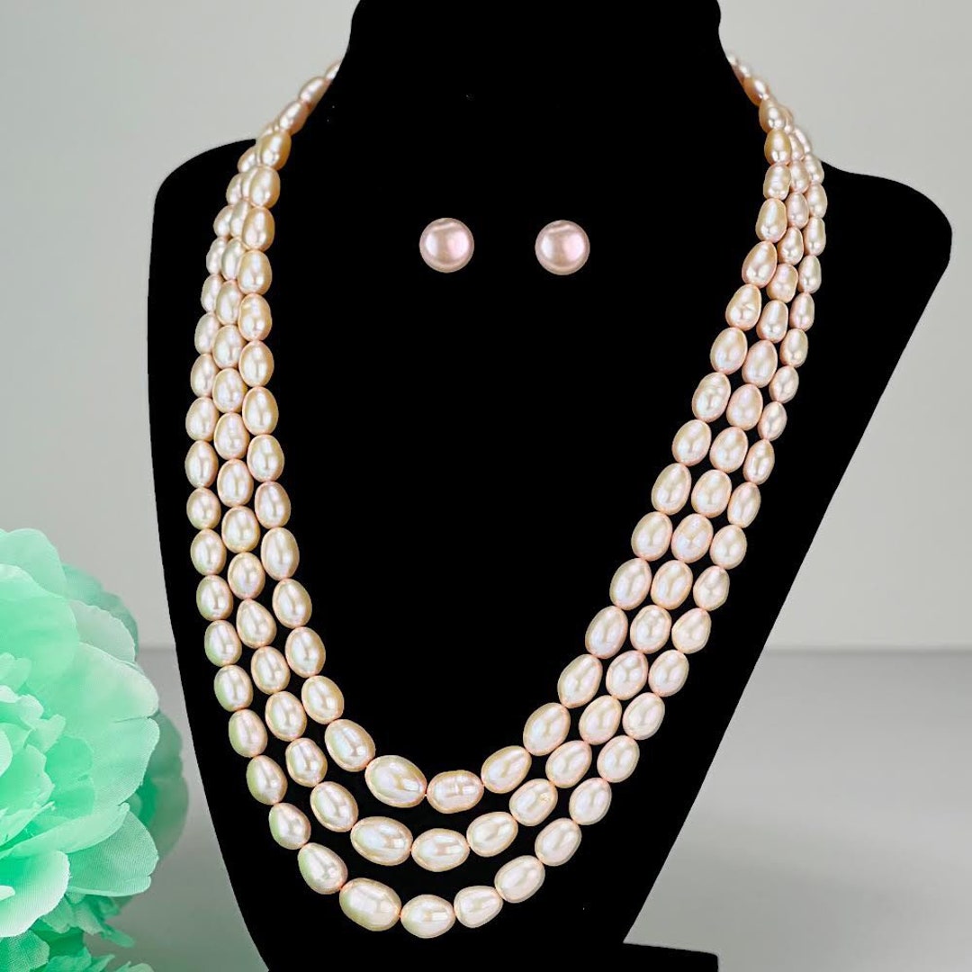 Pink Genuine Freshwater Cultured Pearl Necklace, 3 Strands Graduated ...