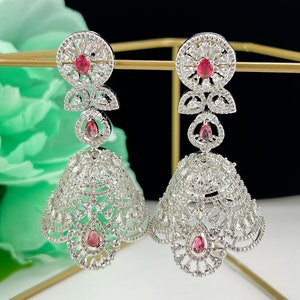 Silver Pink CZ Jhumkas With Pearl Drop / CZ Jhumka/ Indian Jewelry ...
