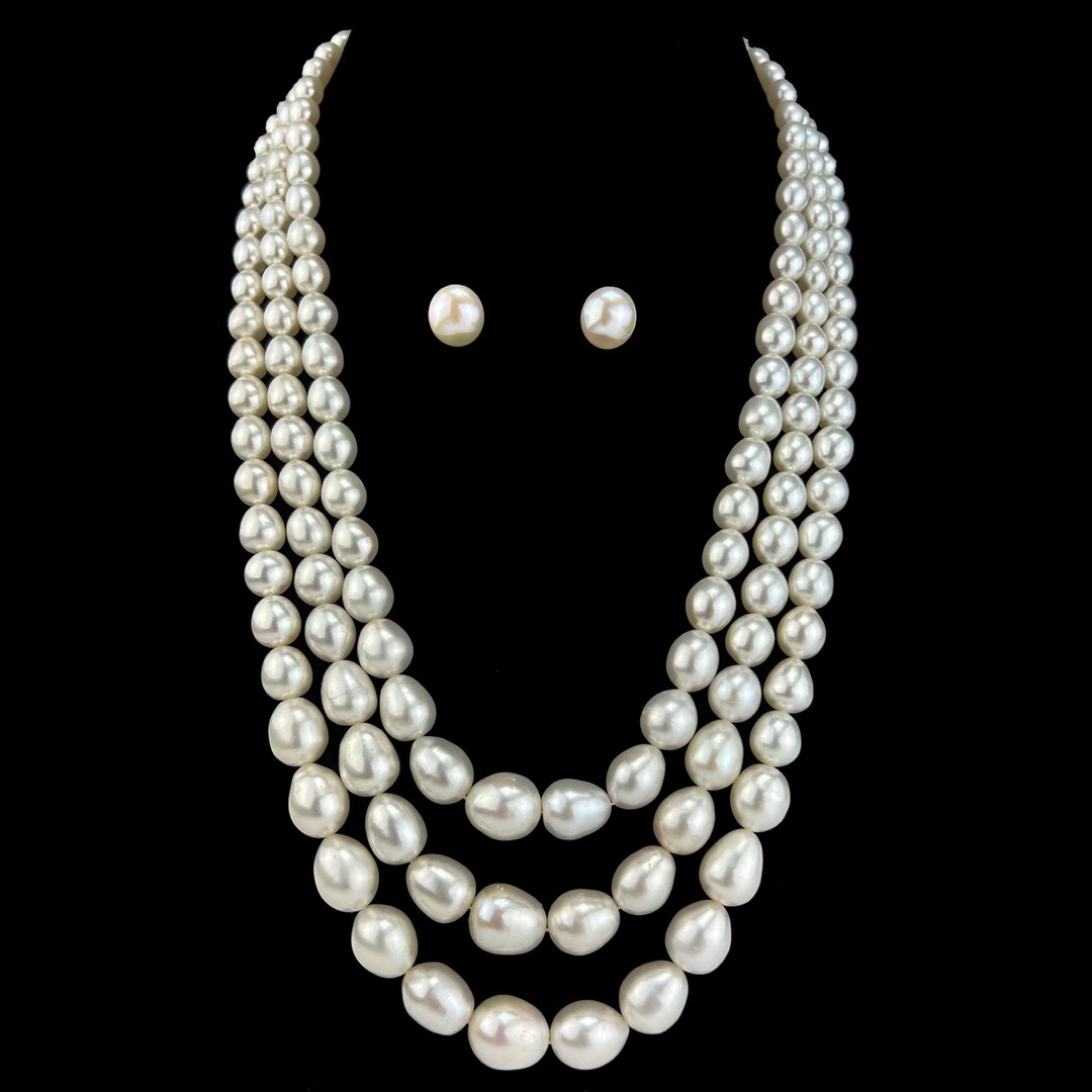 Soft White Genuine Freshwater Cultured Pearl Necklace, 3 Strands ...