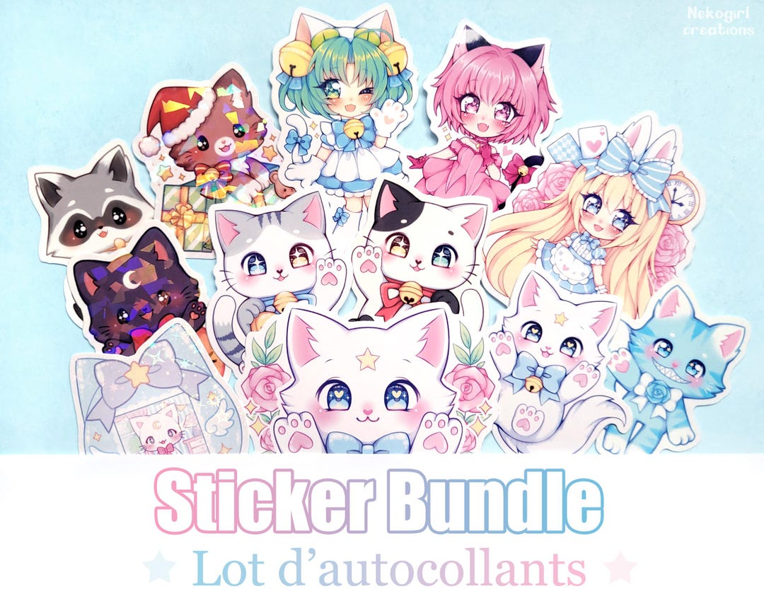 Vinyl Sticker Set 1, Sticker Bundle, Sticker Pack, Cat Stickers, Manga ...