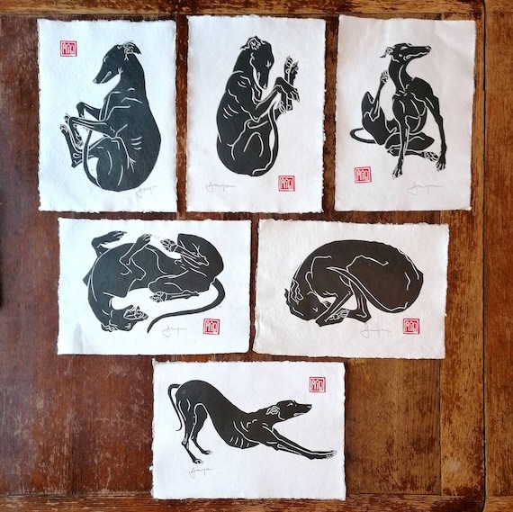 Set of 6 Beautiful Handmade Longdog Linocut Prints. Send a - Etsy