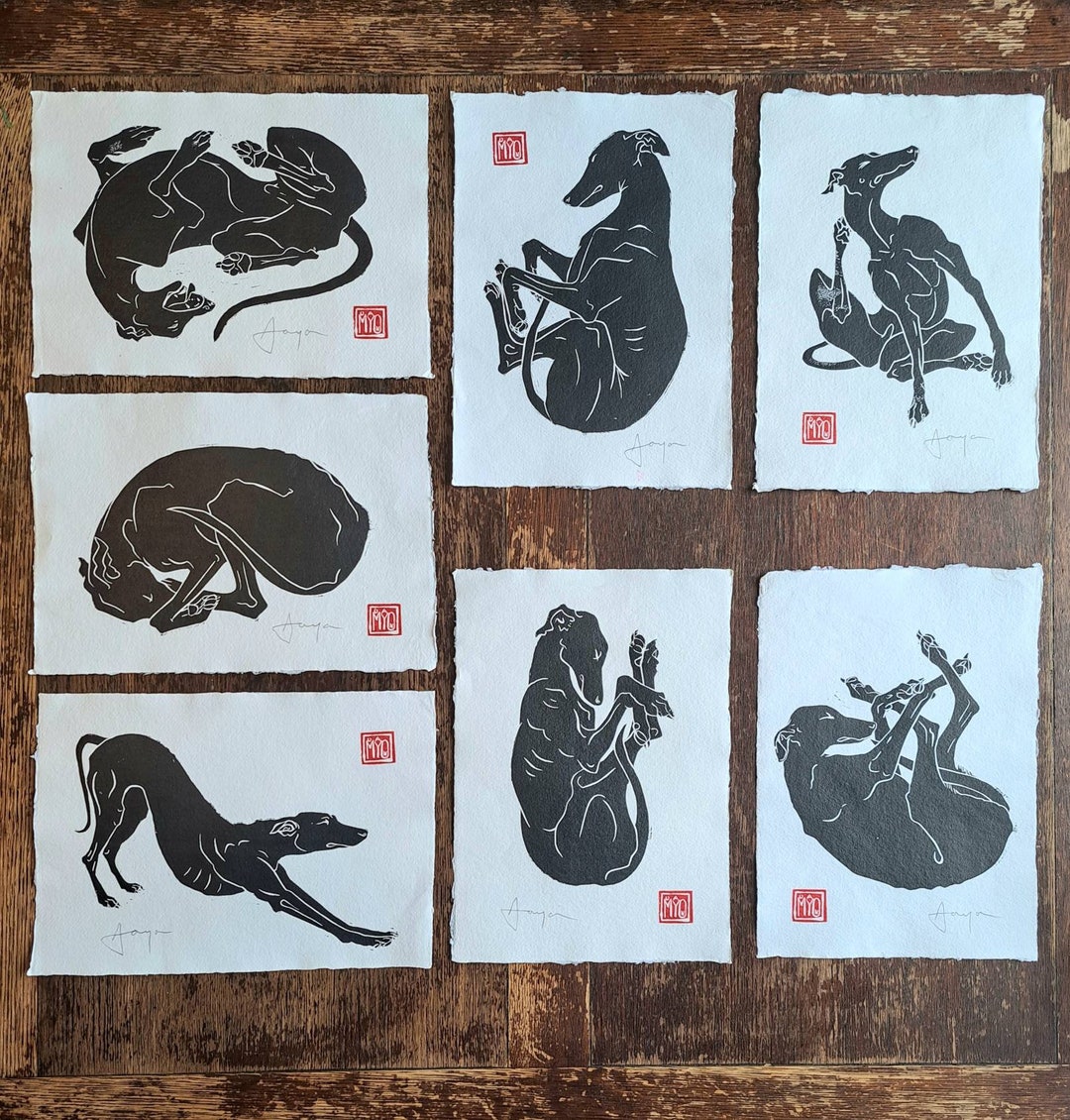 Set of 7 Hand Printed Linocut Longdogs, Greyhounds, Lurchers, Whippets ...
