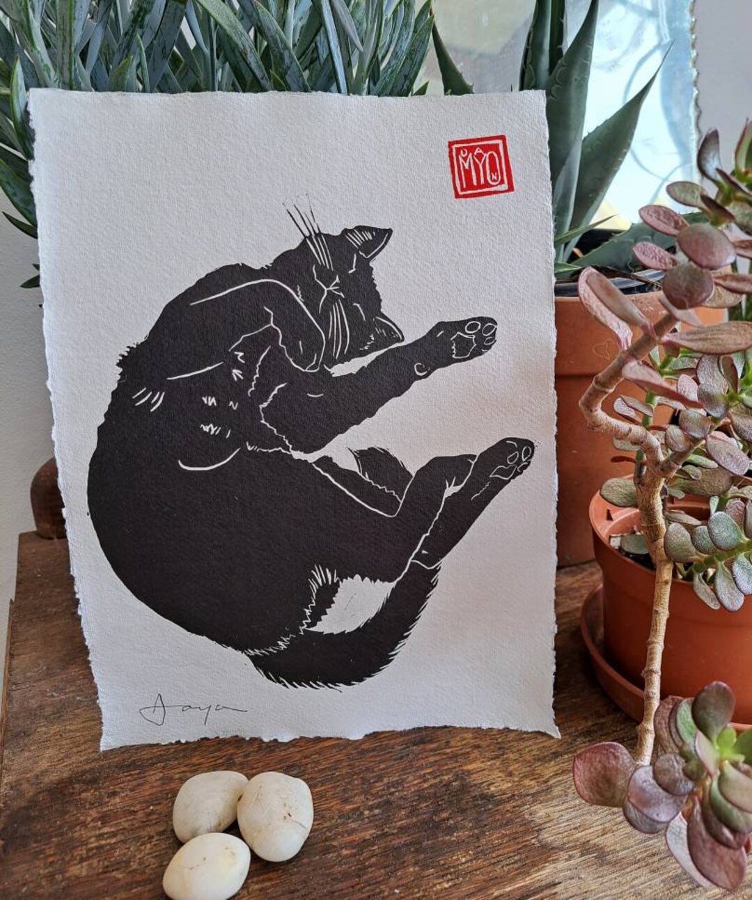 Snoozing Black Cat. Gorgeous Hand Printed Linocut of a Cat Dozing on a ...