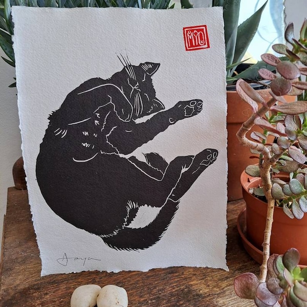 Cat Lino Print - Etsy UK