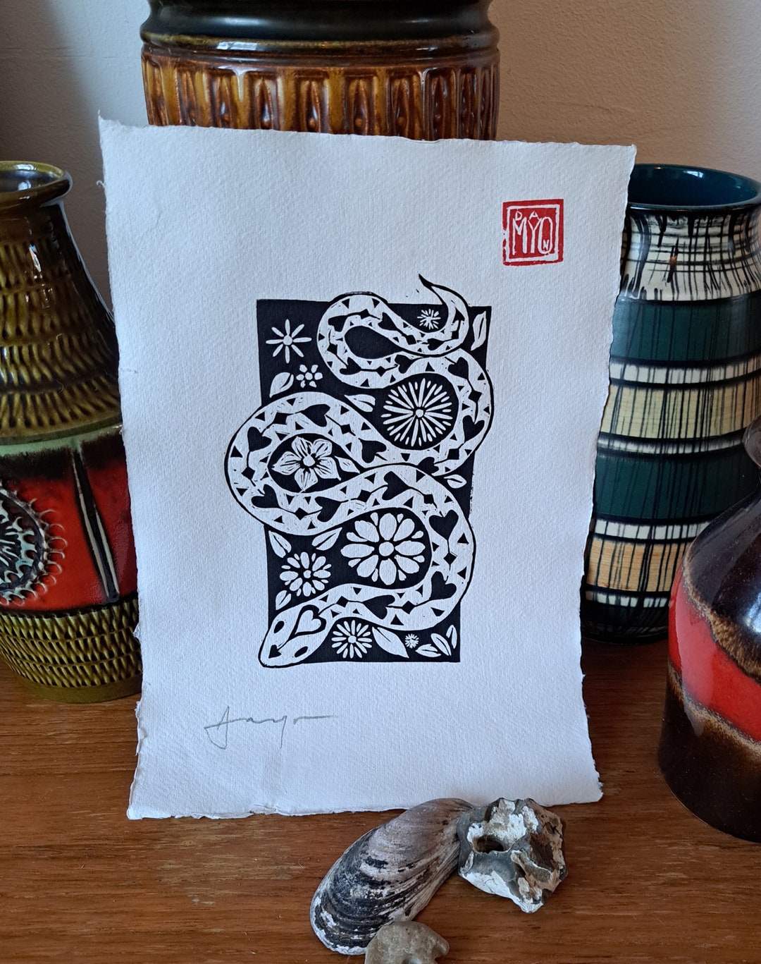 Meadow Snake. Hand-printed Linocut. Original Art. on Handmade A4 Paper ...