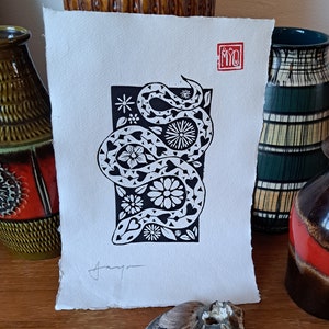 Meadow Snake. Hand-printed Linocut. Original Art. on Handmade A4 Paper ...