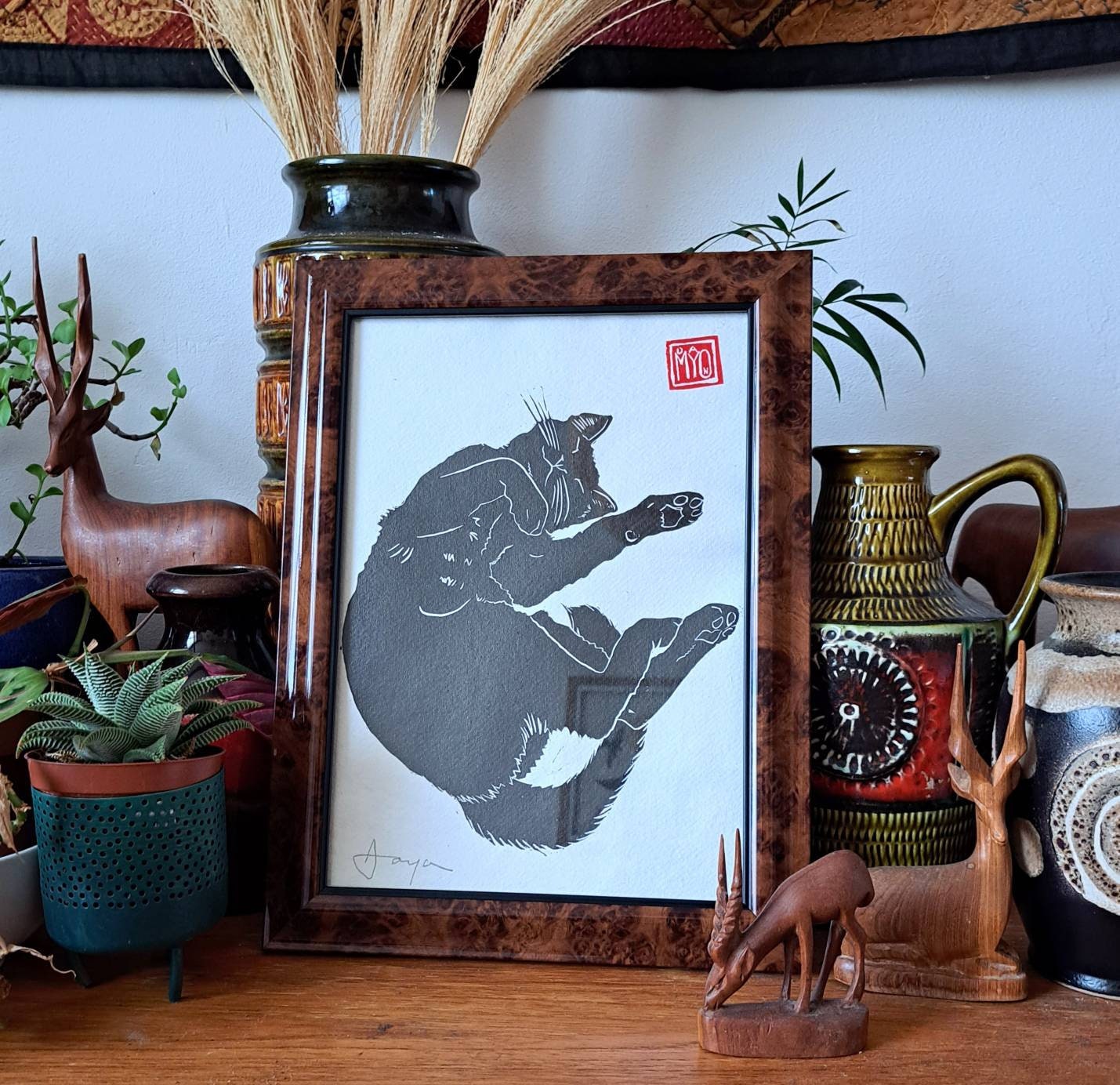 Snoozing Black Cat. Gorgeous Hand Printed Linocut of a Cat - Etsy