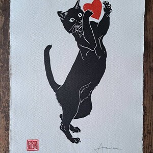 Snoozing Black Cat. Gorgeous Hand Printed Linocut of a Cat Dozing on a ...