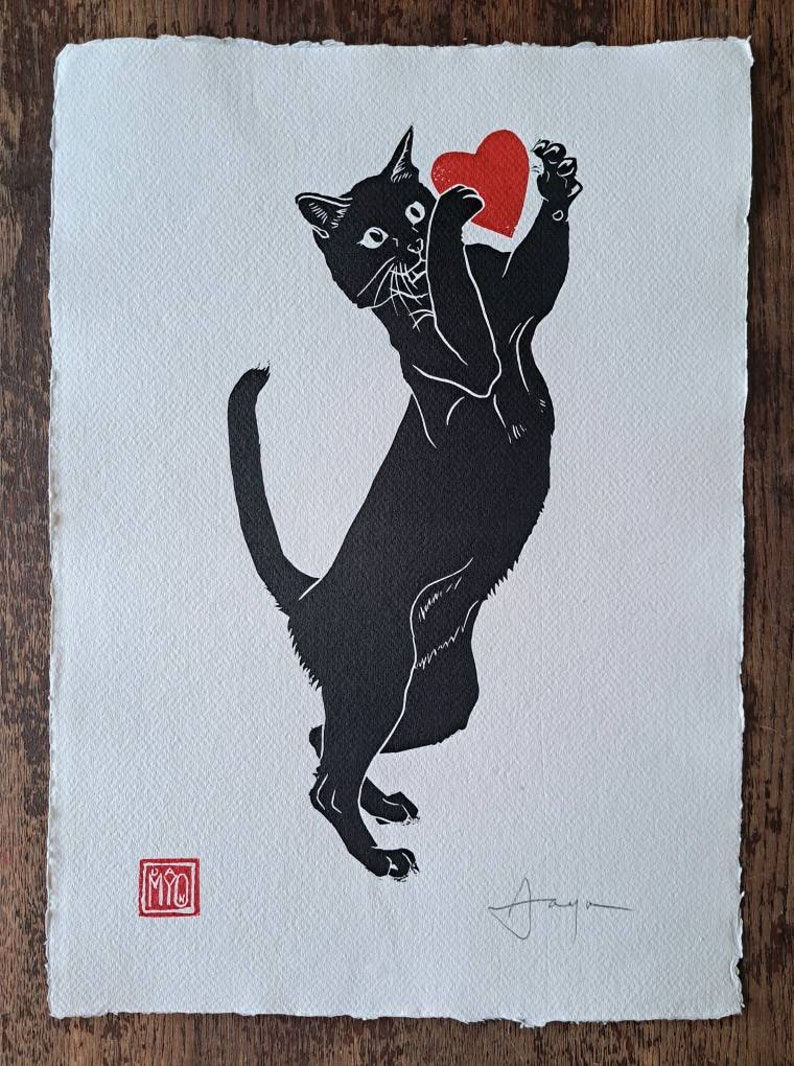 Snoozing Black Cat. Gorgeous Hand Printed Linocut of a Cat Dozing on a ...