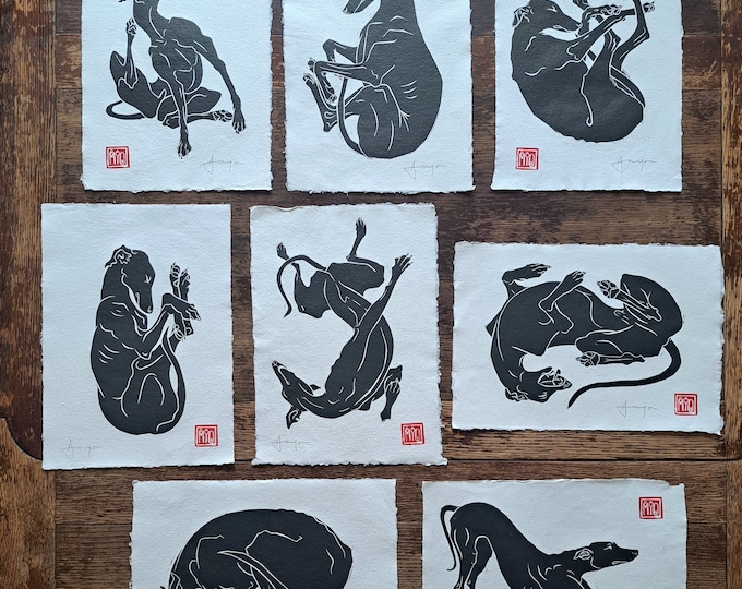 All 8 of My A4 Size, Hand Printed, Linocut Longdogs, Greyhounds ...
