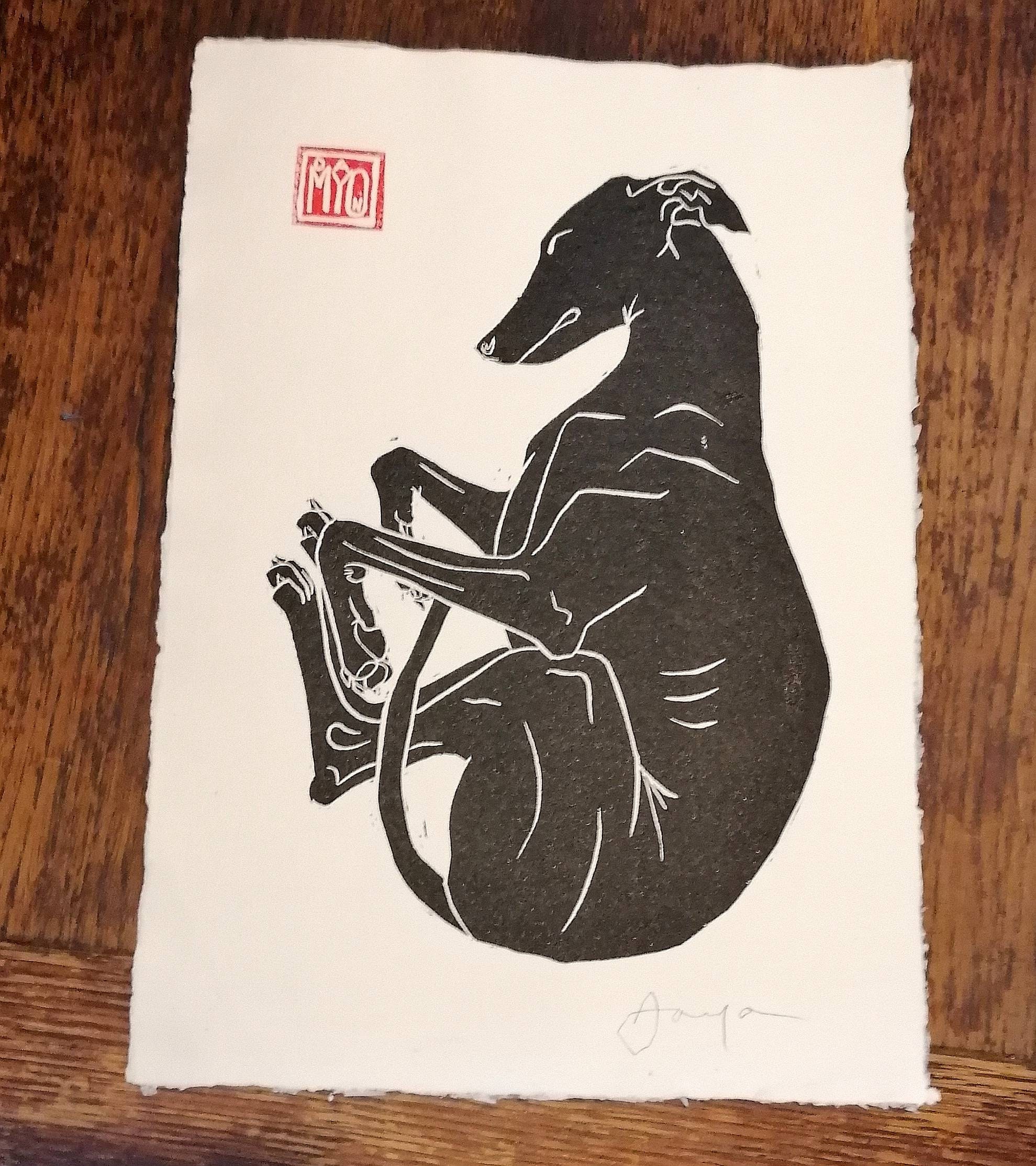 Dreaming long dog hand-printed linocut. | Etsy