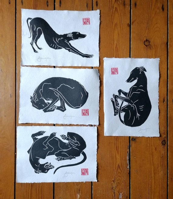 Set of Four Hand Made Longdog Linocut Prints. | Etsy