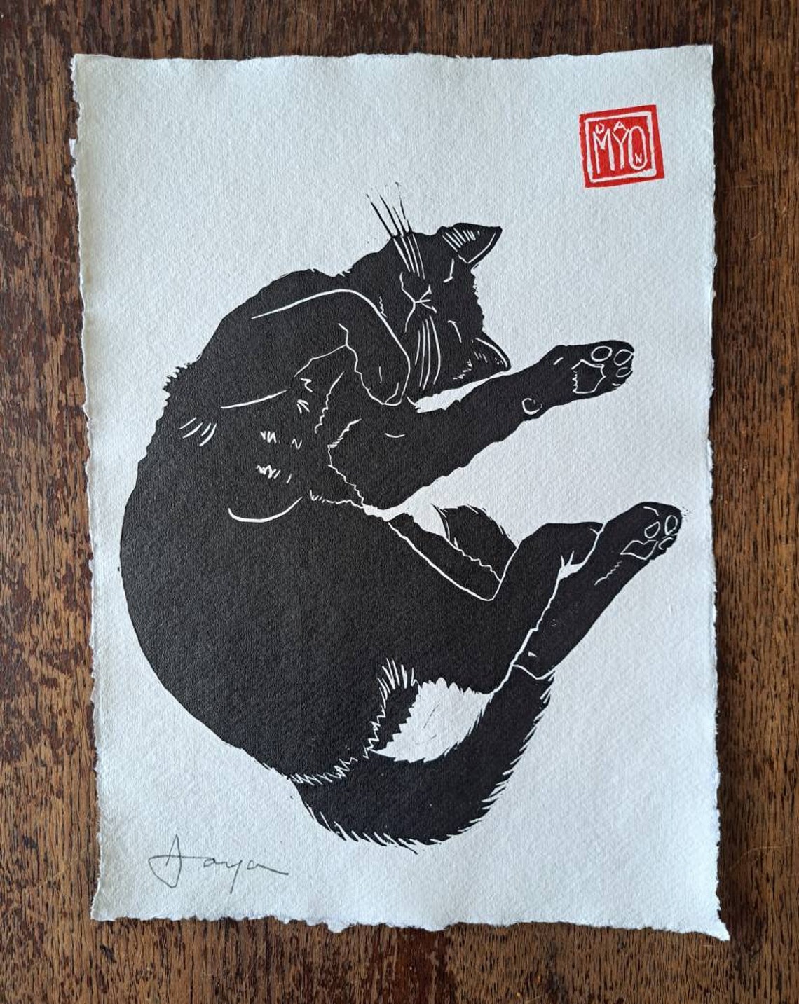 Snoozing Black Cat. Gorgeous Hand Printed Linocut of a Cat Dozing on a ...