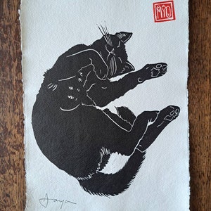 Snoozing Black Cat. Gorgeous Hand Printed Linocut of a Cat Dozing on a ...