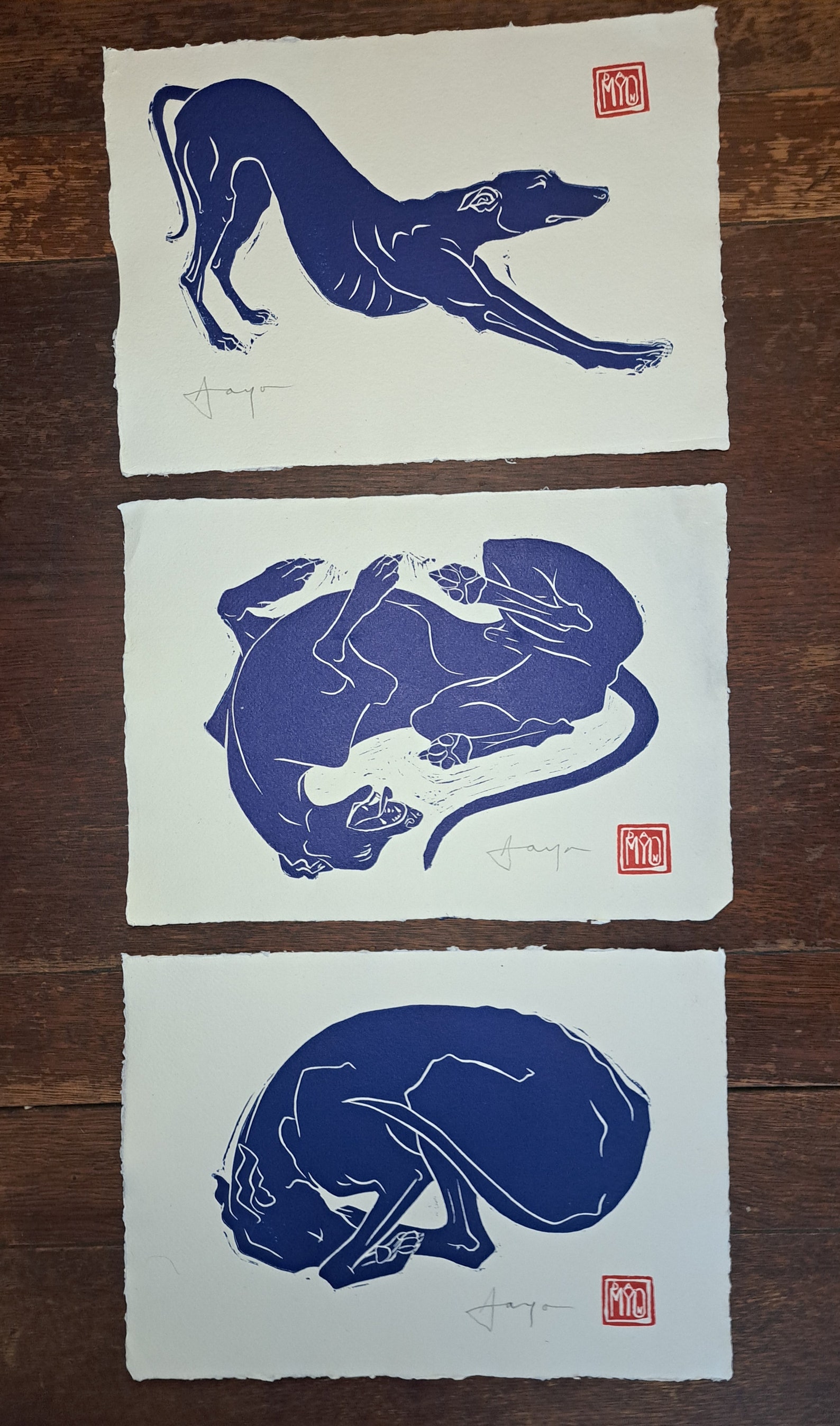 Ooo Biiiig Stretch! Blue Edition Hand-printed Linocut of Longdog ...