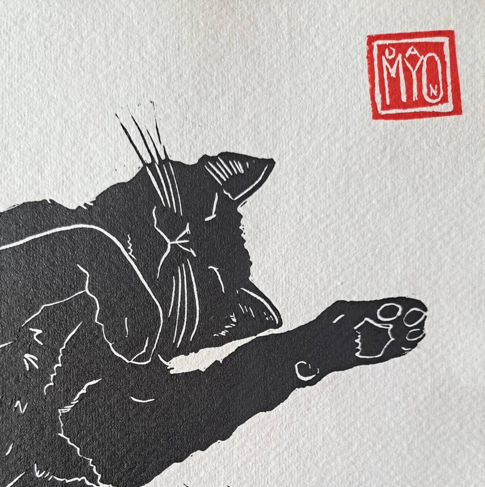 Snoozing Black Cat. Gorgeous Hand Printed Linocut of a Cat Dozing on a ...