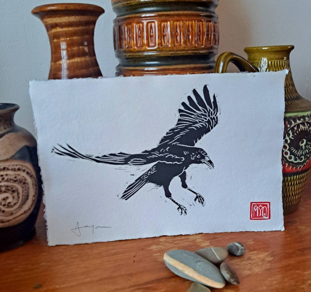 Raven - Hand Printed Original Linocut A4 (8.3 X 11.7 Inches) for Lovers ...